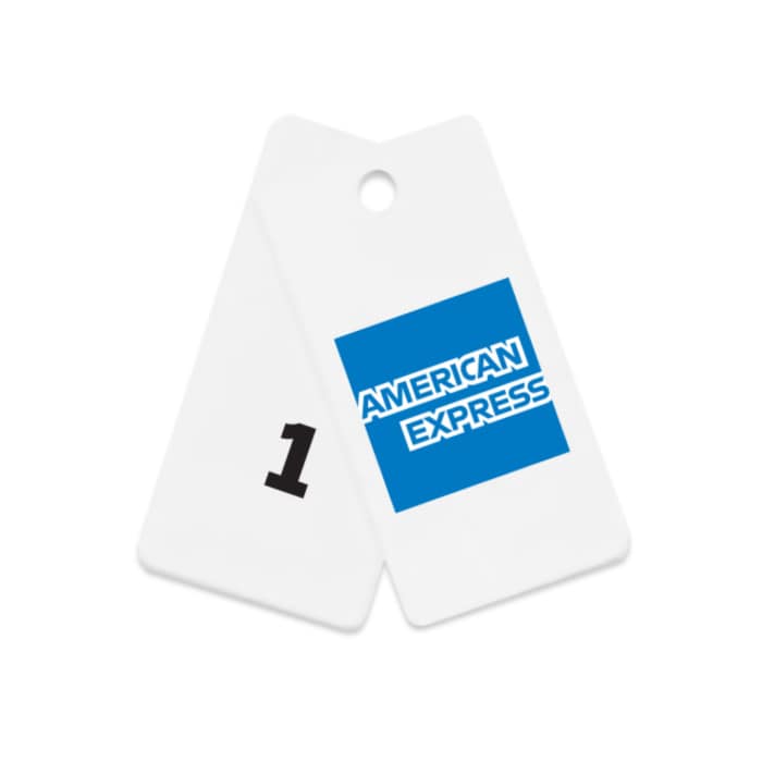 white coat check tag with American Express blue square logo