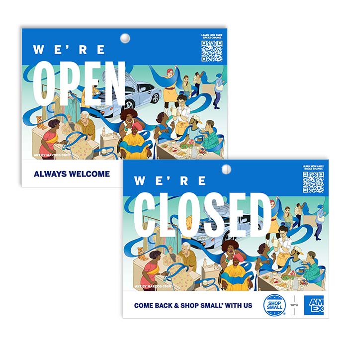 Amex and Shop Small-branded Open closed sign with artwork by Marcos ...