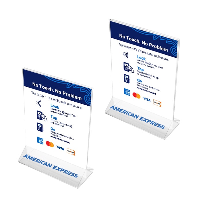 Amex-branded sign holder with double-sided insert and QR code on front ...