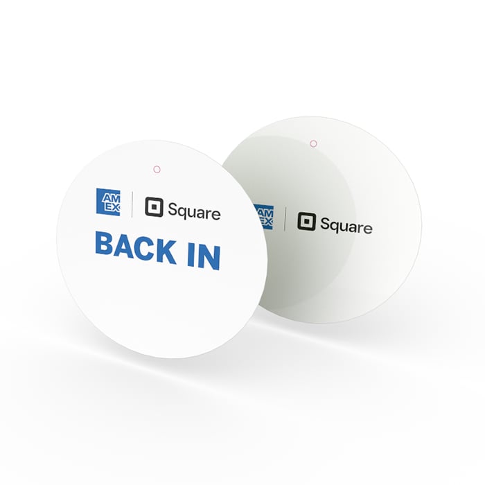 Graphic of Square and Amex Back in 5 mins door display