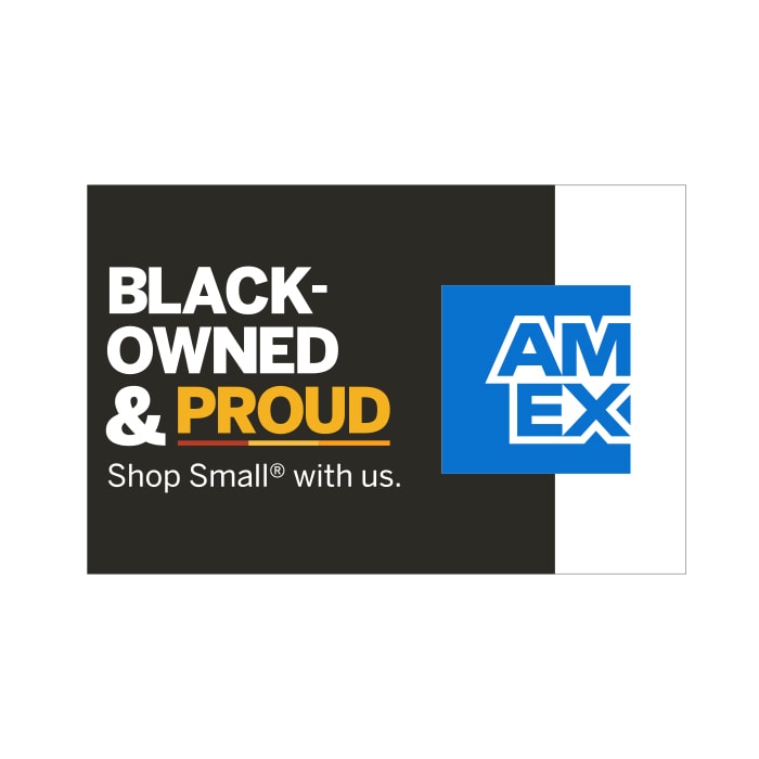 Amex-branded decal stating Black-Owned and Proud and Shop Small with us