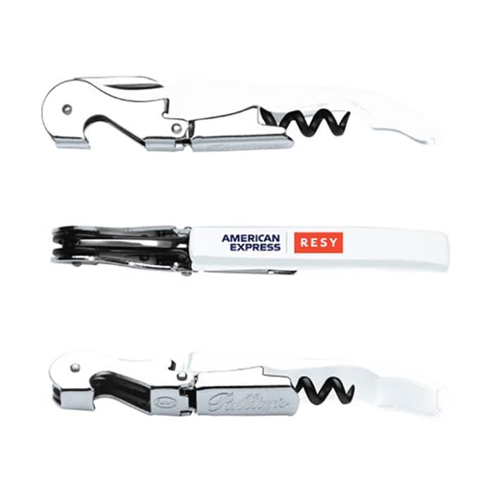 Resy and Amex branded corkscrew with the cobrand logo.
