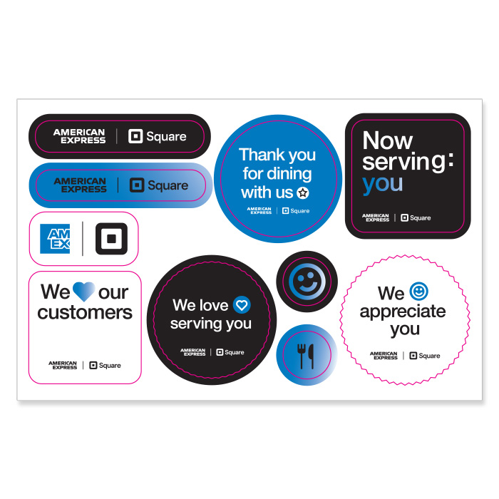 Vinyl dining sticker sheet with Amex & Square logos